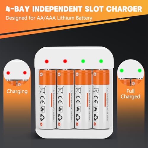 Fitinoch 10 Pack Rechargeable 1.5V AA Size Lithium Batteries for Blink Camera, Long-Lasting Double A Battery 2600mWh with 2H Fast Charger (4-Bay Independent Slot)