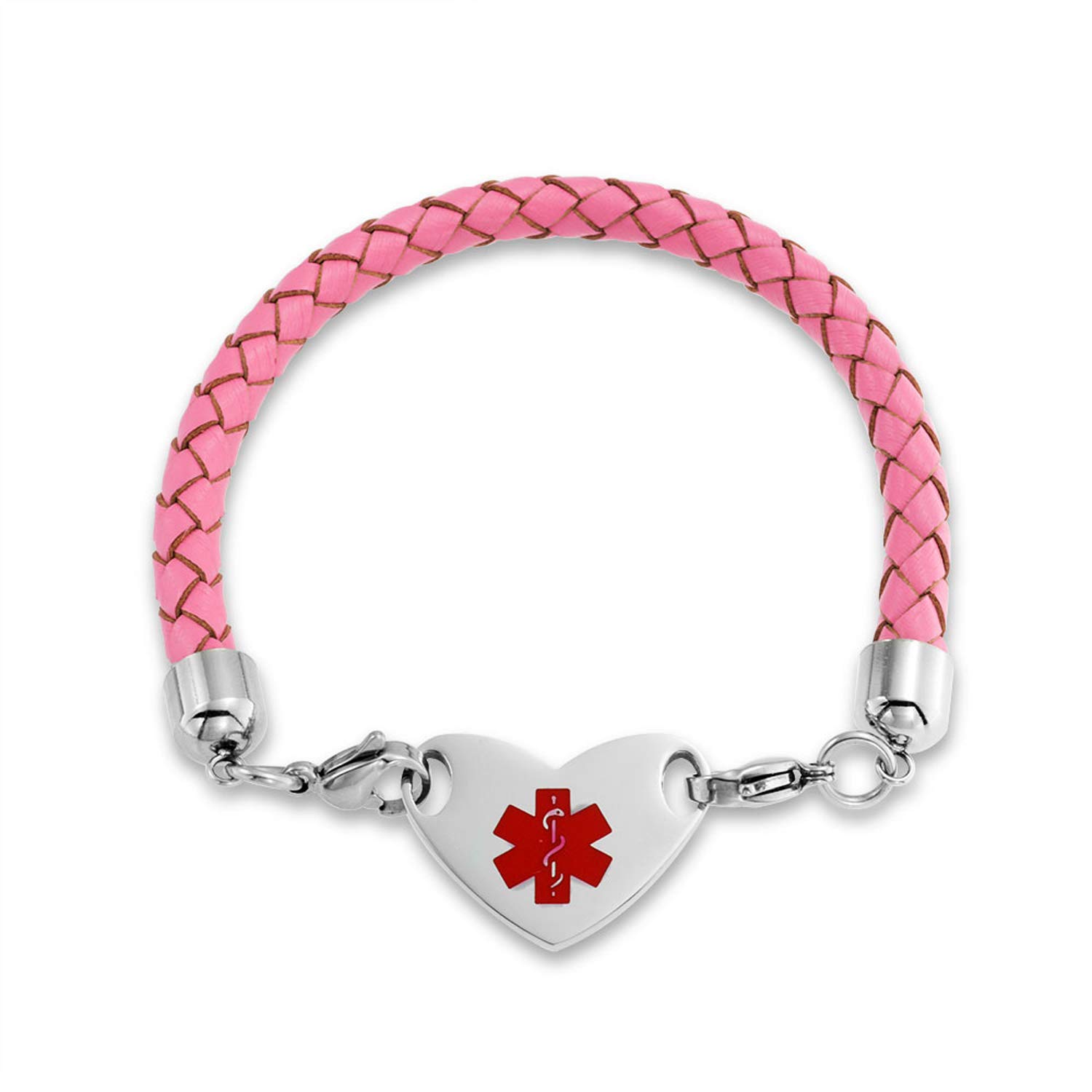 Epilepsy Medical Identification Medical ID Pink Braided Leather Bracelet Stainless Steel Custom Engraved