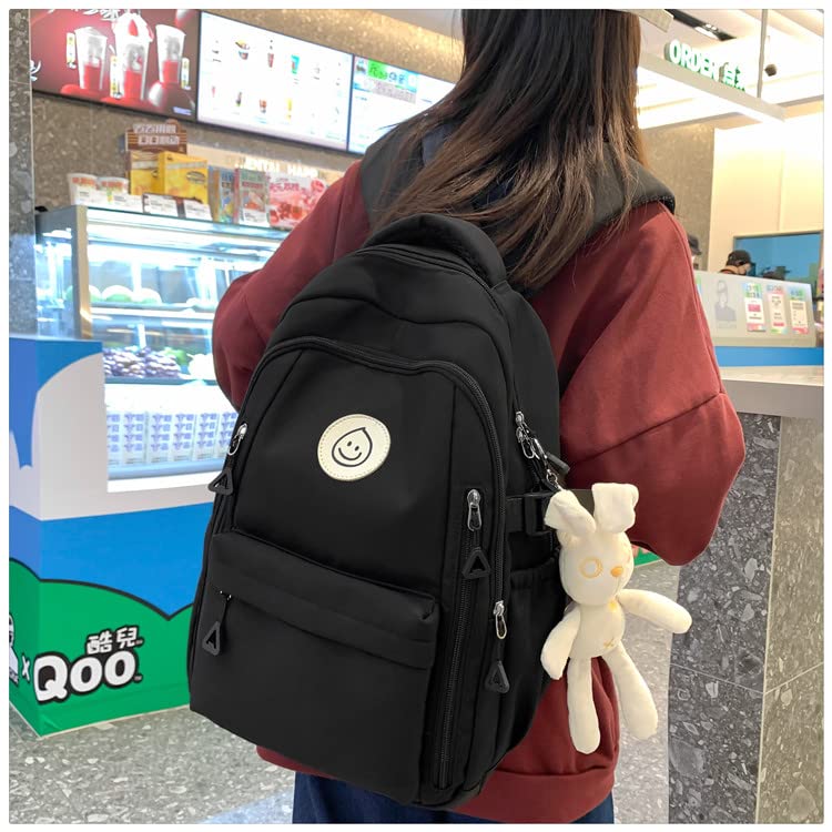 MININAI Preppy Backpack with Cute Pendant Women Smile Face Laptop Backpack Kawaii Lightweight Aesthetic College Backpack (Black,One Size)