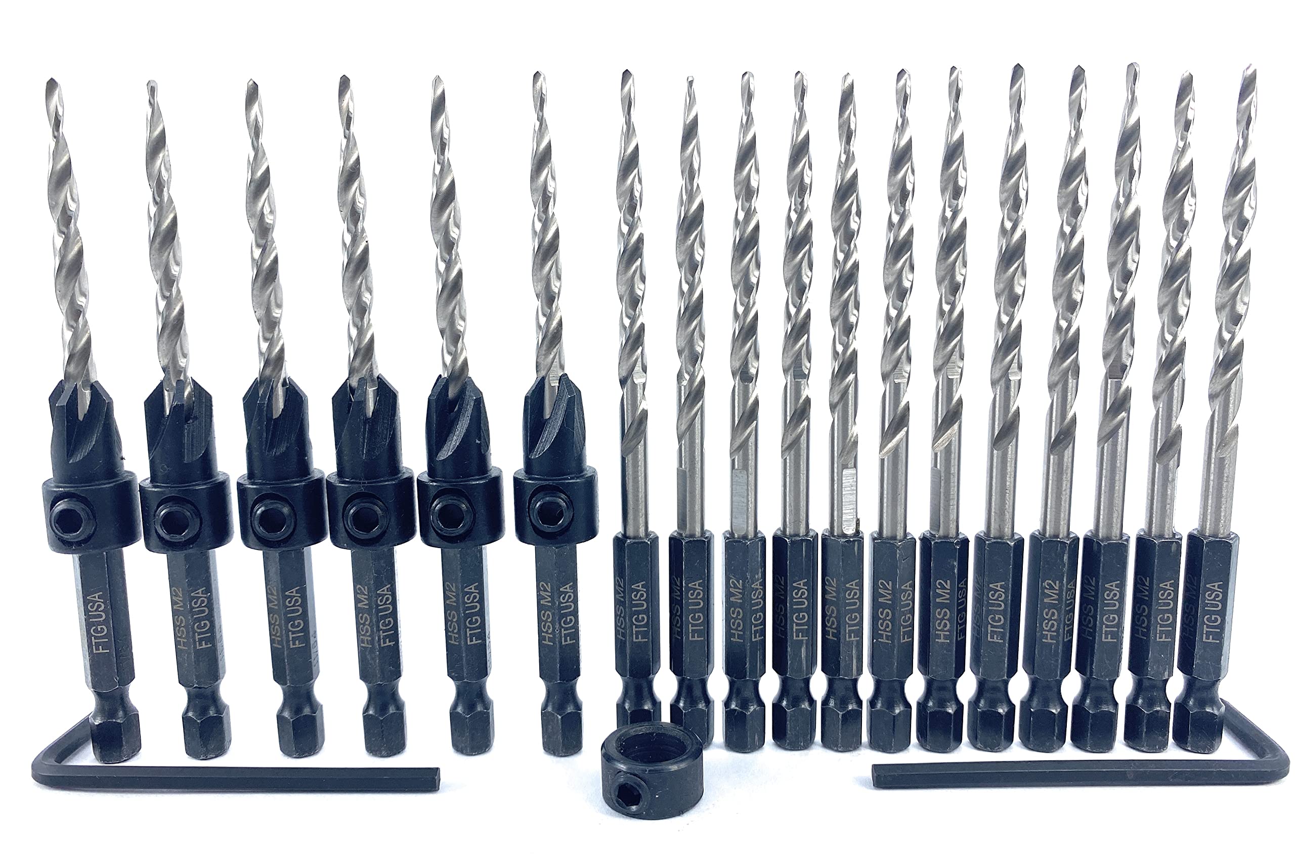 FTG USA Countersink Drill Bit Set 6 Pc #8 (11/64") with 12 Pc Replacement Countersink Drill Bit #8 (11/64") Pro Pack Countersink Set, Tapered Countersink Bit, 1 Stop Collar, Hex Wrench,