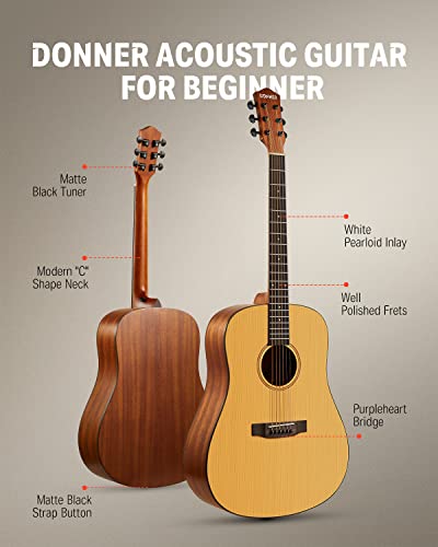 Donner Acoustic Guitar for Beginner Adult Full Size Dreadnought Acustica Guitarra Starter Bundle Kit with Gig Bag Strap Tuner Capo Pickguard String 4 Picks Cloth, Right Hand 41 Inch Natural, DAG-1