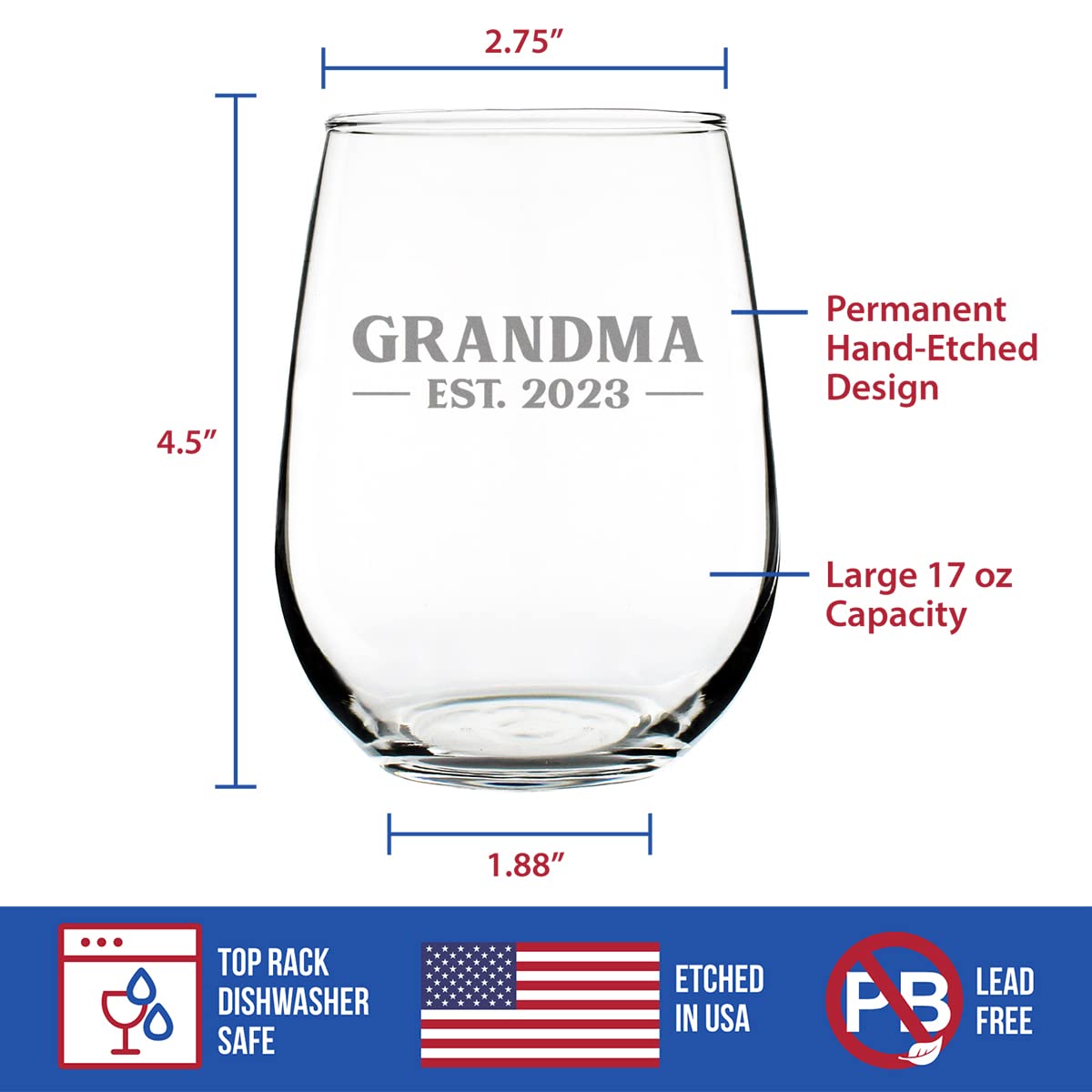 Grandma Est 2023 - New Grandmother Stemless Wine Glass Gift for First Time Grandparents - Bold 17 Oz Large Glasses