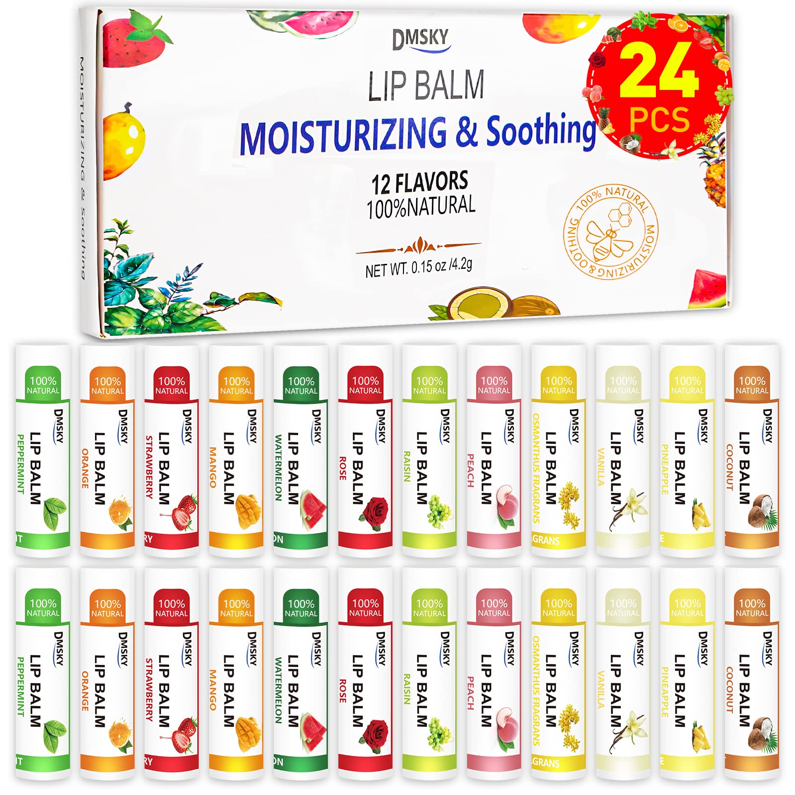 DMSKY 24 Pack Lip Balm, Natural Lip Balm Bulk with Vitamin E and Coconut Oil, Moisturizing Soothing Chapped Lips, Gifts for Women Stocking Stuffers Party Favors