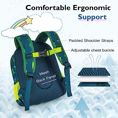 mommore Small Backpack for Kids, Dinosaur Toddler Boys Backpack Kindergarten Bookbag for Students Preschool Backpack for Children with Chest Strap Water Resistant, green