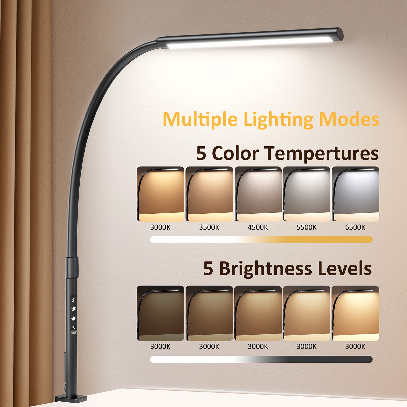 Desk Lamp for Home Office, Flexible Gooseneck Desk Lamps with Clamp, Desk Lamp with USB C and A Ports, 5 Modes 5 Brightness Architect Clip Light for Workbench Office Reading Study