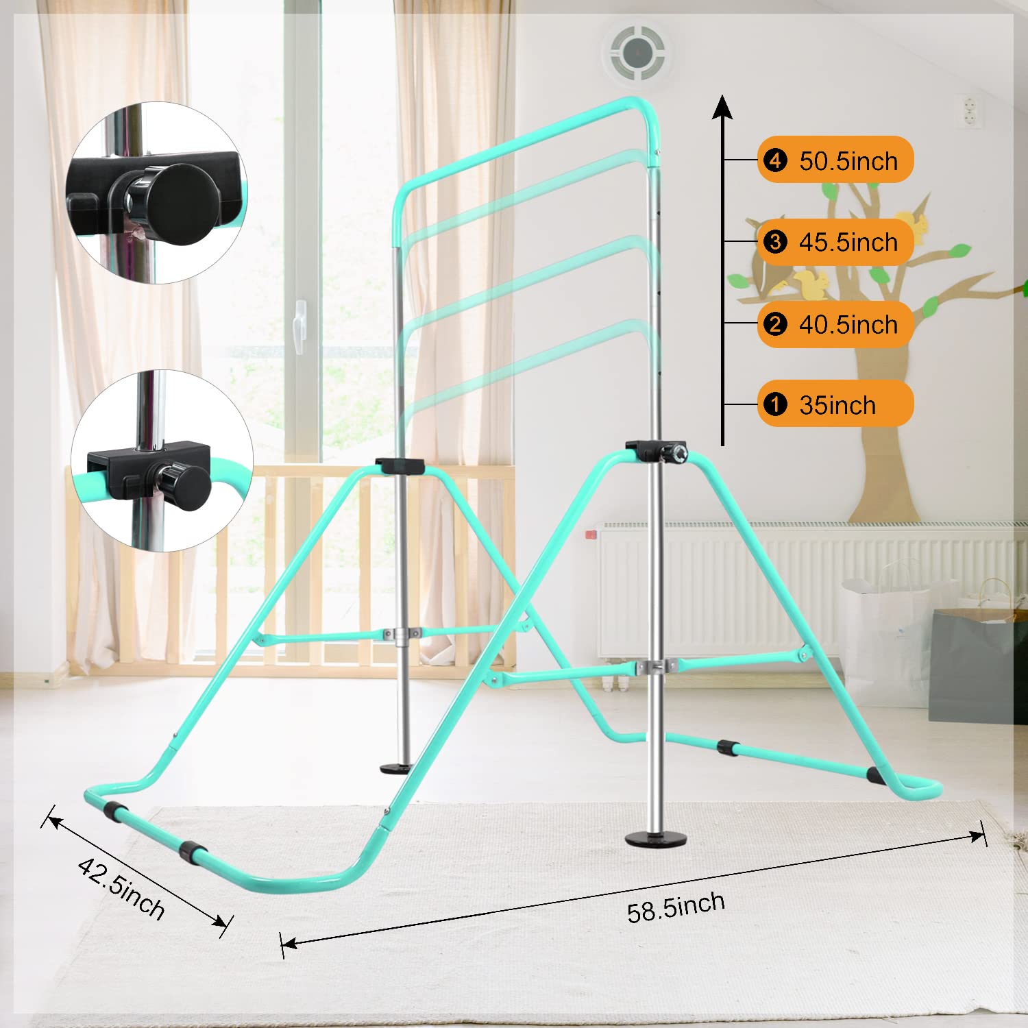 DING.PAI Expandable Gymnastics Training Bar with Free Rings, Adjustable Height Horizontal Bar Gymnastics Junior Training Bar Folding Training Monkey Bar for Kids (Green)