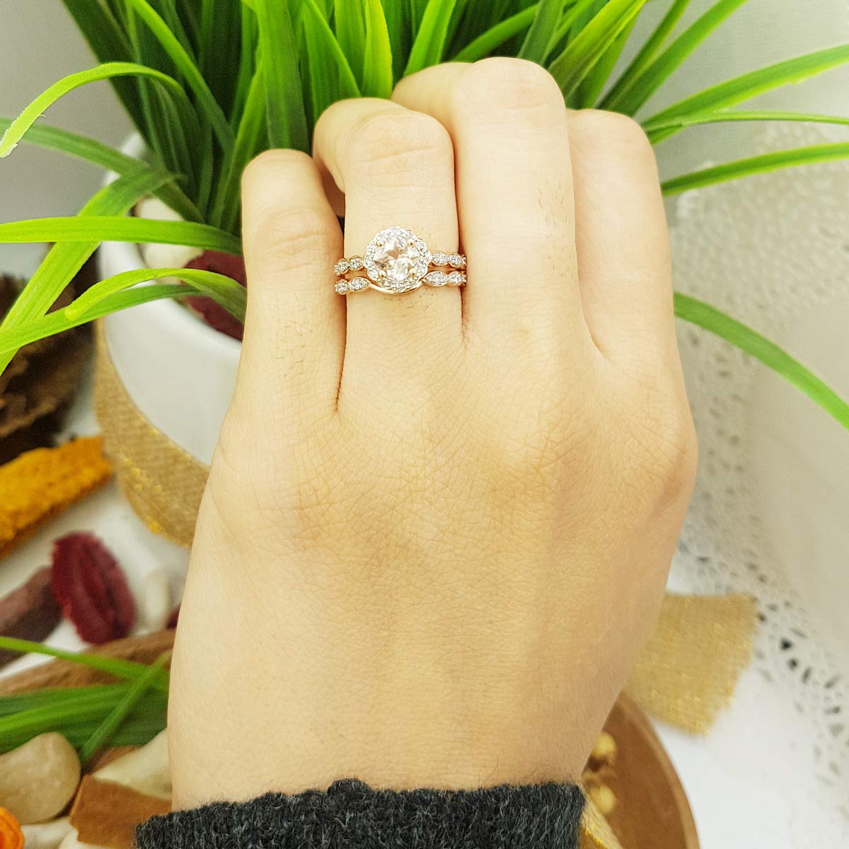 Dazzlingrock Collection 5.5 MM Cushion Morganite & Round Diamond Ladies Halo Wedding Ring Set in 14K Rose Gold, Size 9