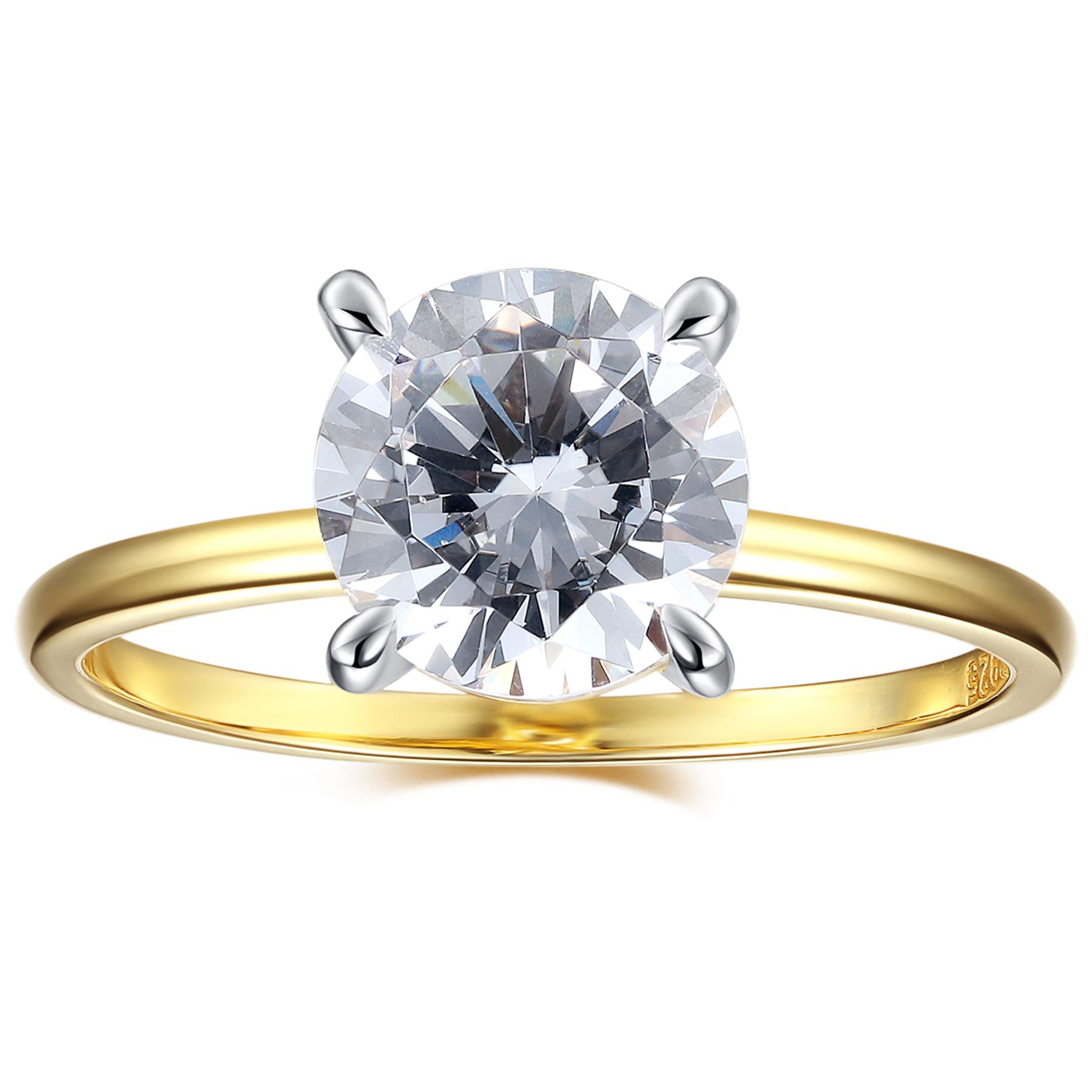 espere 18K Gold Plated Sterling Silver 2 Carat Cubic Zirconia Solitaire Engagement Ring | Women's Thin Band CZ Promise Ring (Round Cut, 4)