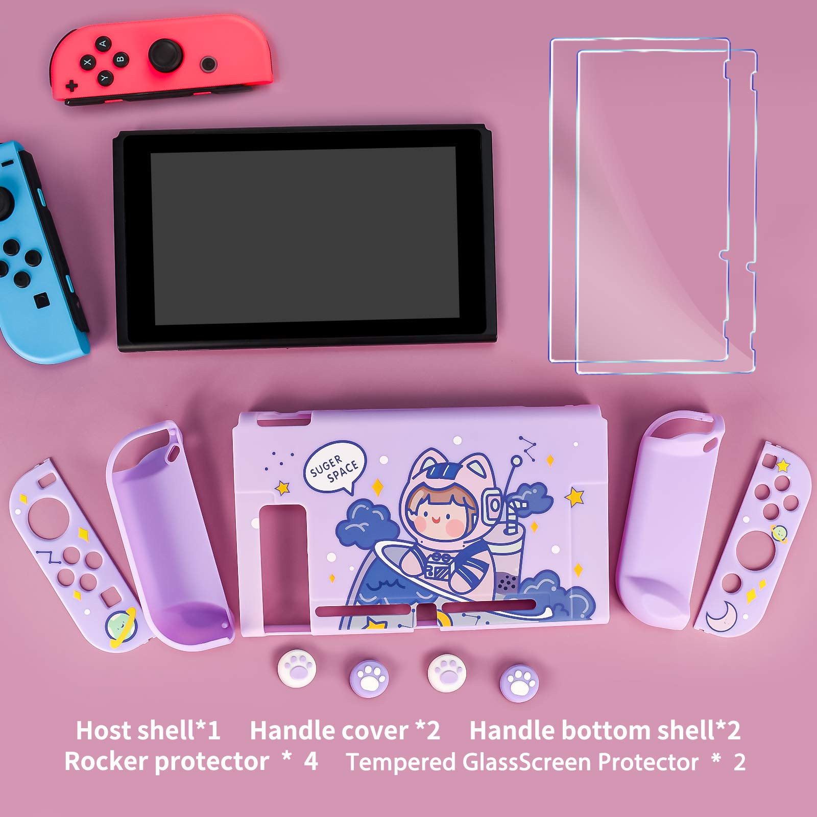 DLseego Dockable Protective Case Design for Switch, Newest Pattern Cute Design Hard Cover with 2 pcs Glass Screen Protectors and 4 pcs Thumb Grips - Purple