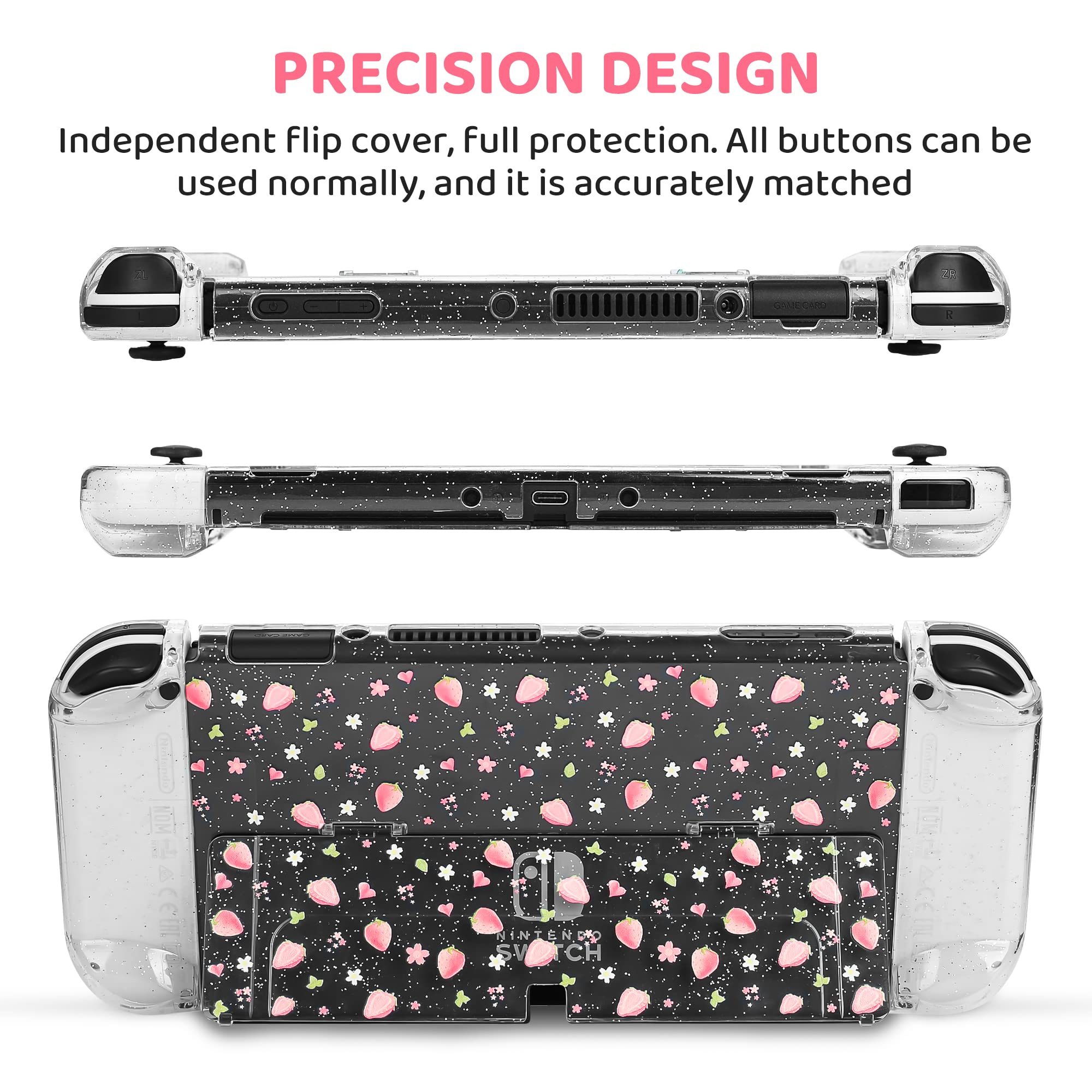 Crystal Case for Nintendo Switch OLED, FANPL Cute Protective Cover Compatible with Switch OLED, Kawaii PC Shell Accessories for Girls with 4 Thumb Caps and Screen Protector - Glitter Pink Strawberry