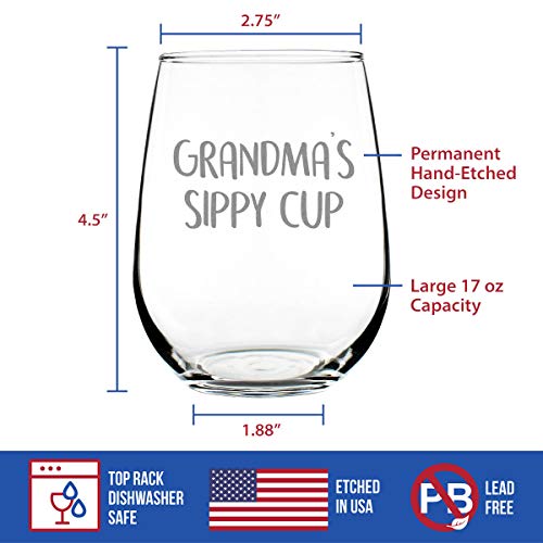 Grandma's Sippy Cup - Stemless Wine Glass Gift for Grandmothers - Cute Birthday Glasses - Large 17 Oz