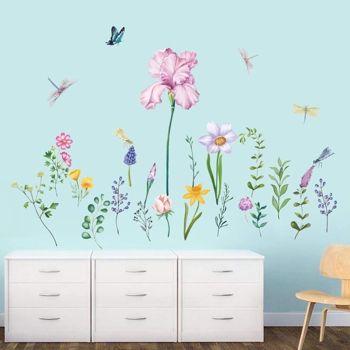 decalmile Garden Flower Wall Decals Narcissus Iris Floral Dragonfly Wall Stickers Bedroom Living Room TV Wall Home Decor