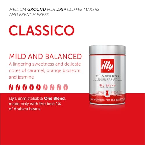 illy Drip Coffee - Ground Coffee - 100% Arabica Ground Coffee – Classico Medium Roast - Notes of Caramel, Orange Blossom & Jasmine - No Preservatives – Mild & Balanced – 8.8 Ounce