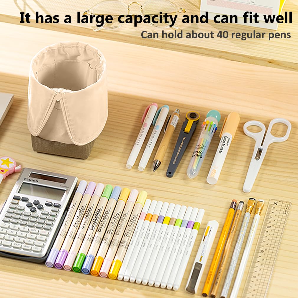 iSuperb Standing Pencil Case Large Pencil Pouch Pen Holder Makeup Cosmetics Bag for Women Office (Beige)