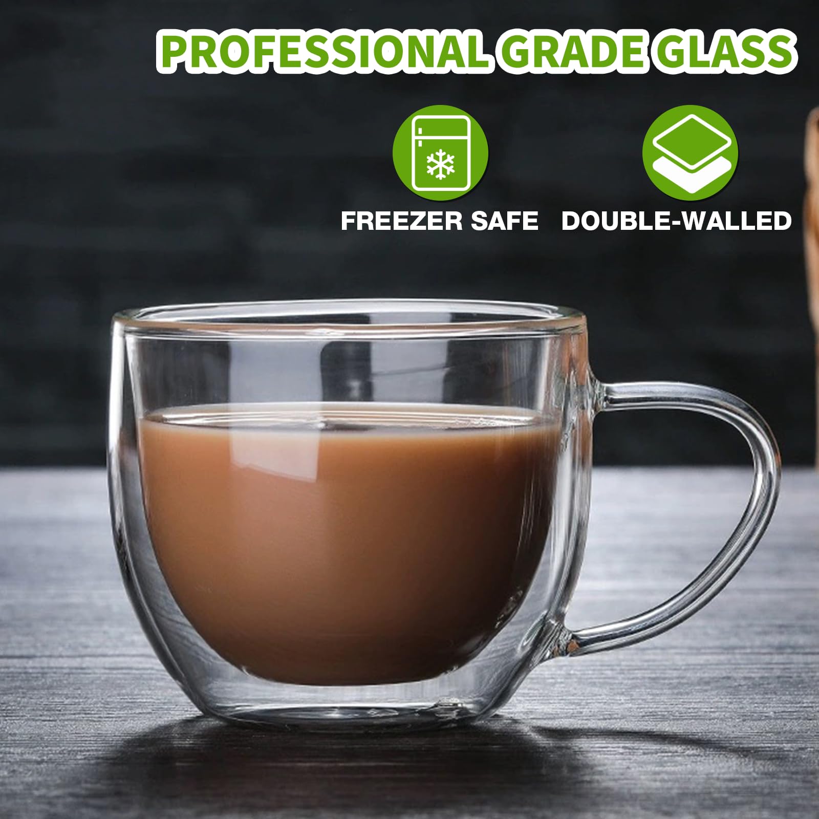 Double Walled Glass Coffee Mugs Set of 2, 8 oz Hand Blown Insulated Coffee Mugs with Handle, Clear Coffee Mugs for Cappuccino, Latte, Americano, Tea Bag, Beverage Glasses Heat Resistant Coffee Cups