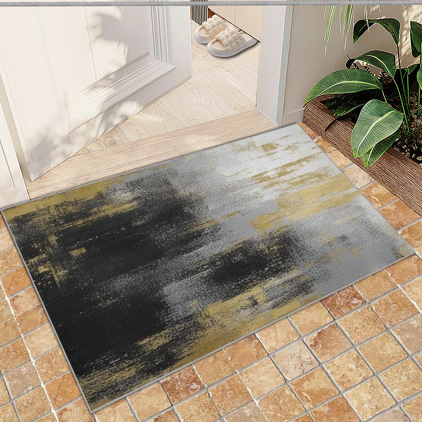 LEGENOB Washable Rugs 2x3 Retro Gold Leaf Pattern Black Area Rug ,Abstract Gradient Black Grey Rug for Living Room ,Anti-Slip Washable Rugs ,Apply to Bedroom Kitchen Dining Room Home Decoe