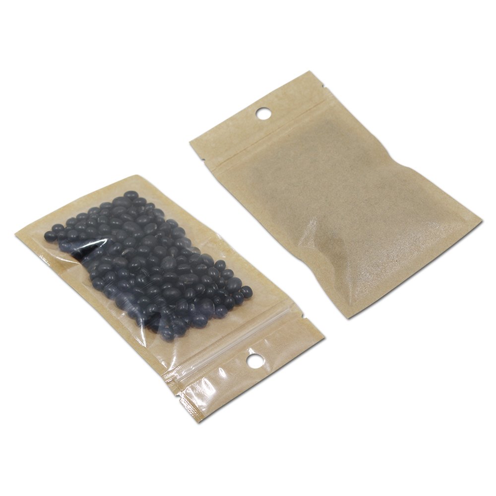 FERENLI 100Pcs Clear Brown Kraft Paper Plastic for Zip Reclosable Bag Lock Flat Heat Sealable Smell Proof Packaging Bags Zipper Lock Coffee Plastic Bags (9x15cm (3.5x5.9 inch))