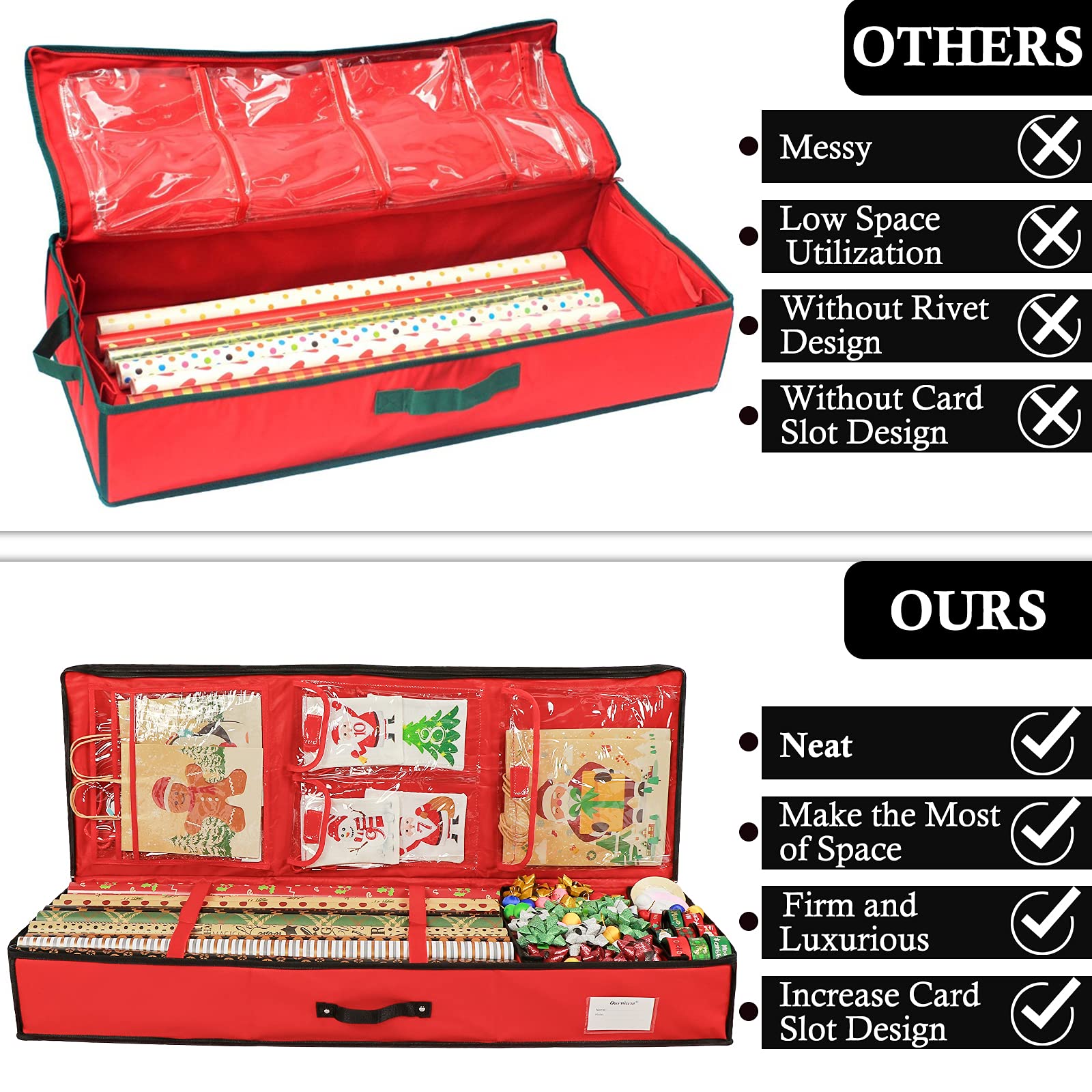 CYAOOI Christmas Wrapping Paper Storage Containers, Gift Wrap Organizer with Pockets for 40 Inch Wrapping Paper, Ribbon, Card, Gift Bag and Bows, Durable 600D Oxford Material Underbed Storage, Red