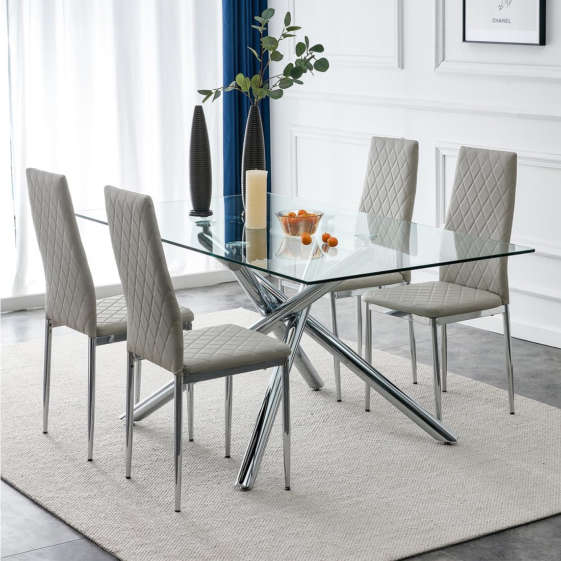 Dining Chairs Set of 4, Modern Mid Century Dining Chairs, Upholstered High Back Side Chairs with Grid Shaped Design & Metal Legs for restaurants/living rooms/kitchens and offices (Light Gray)