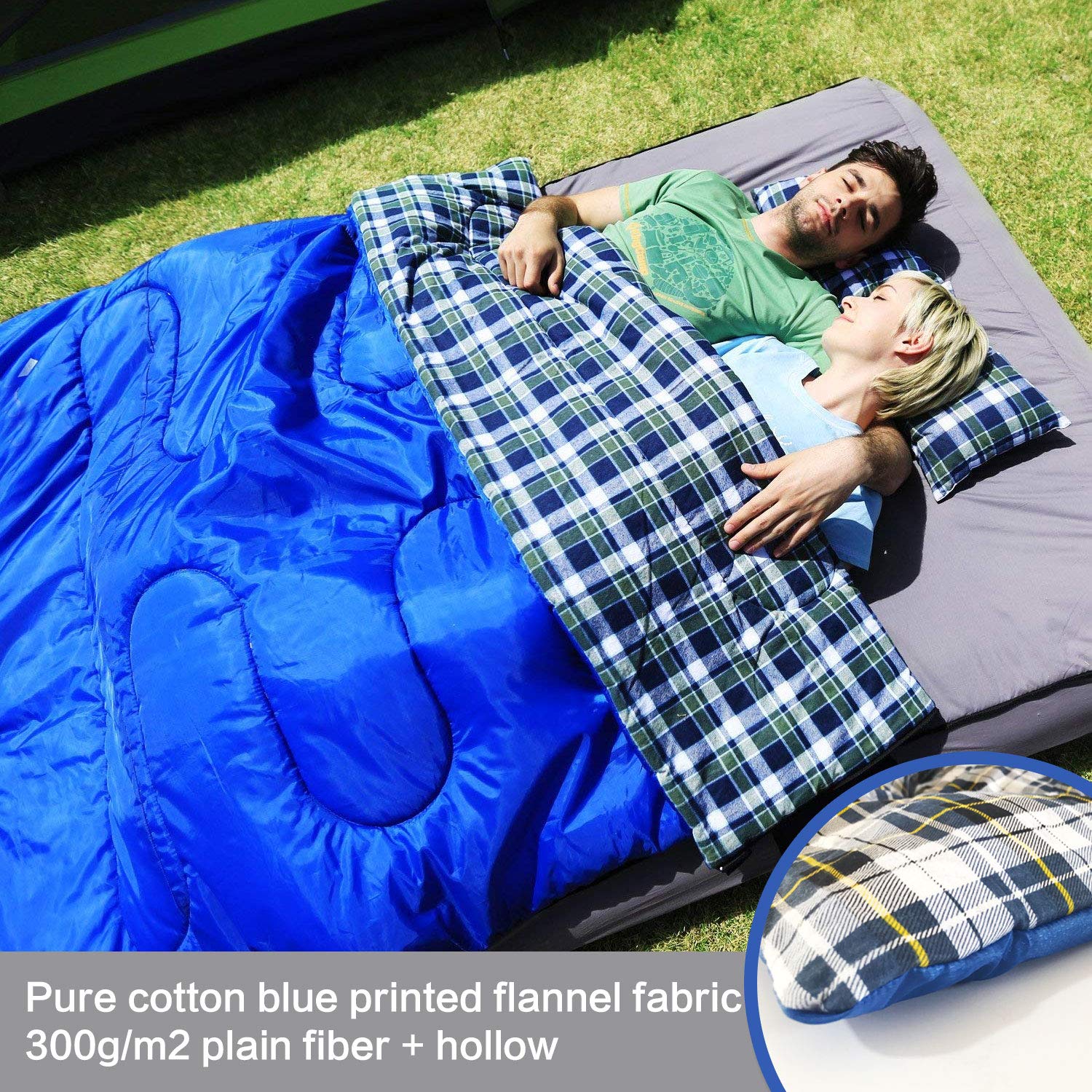 Double-Wide Cotton Flannel Lined Sleeping Bags, 3 Season Rectangular Semi-Rectangular Sleeping Bags Lightweight Warmth with 2 Pillows for Camping Backpacking Hiking Adults/Teens Queen Size XL