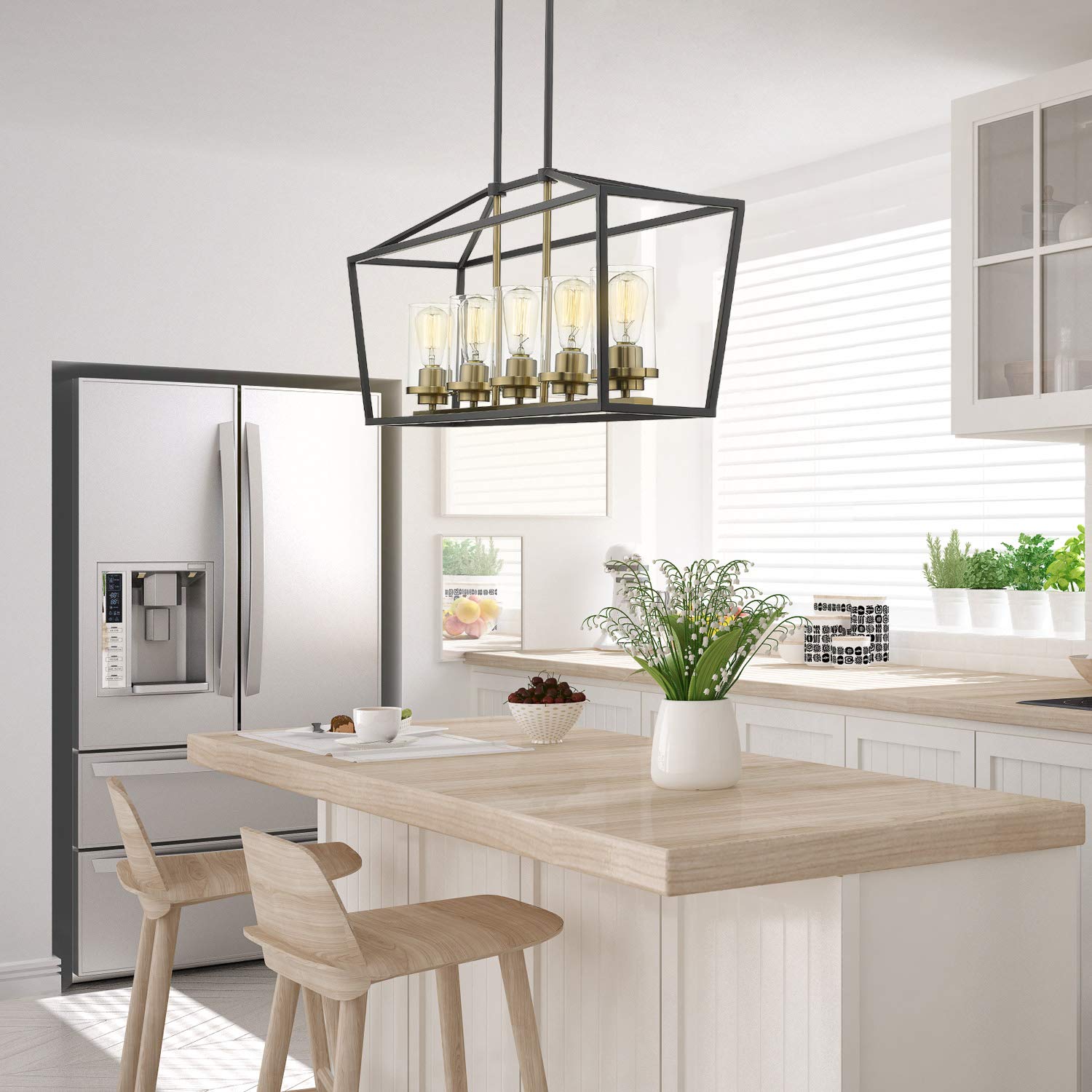 Emliviar Modern 5-Light Kitchen Island Pendant Light Fixture, Linear Pendant Lighting, Black and Gold Finish with Clear Glass Shade, P3033-5LP