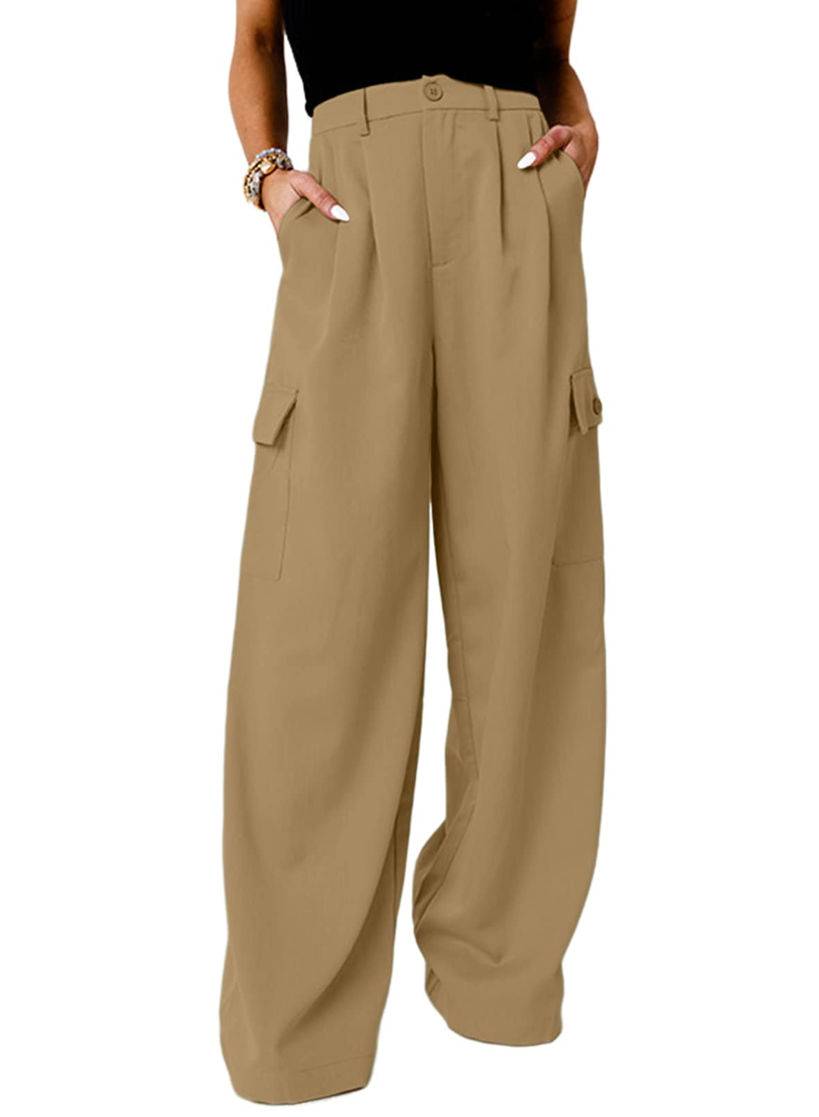 Dokotoo Cargo Pants Women High Waisted Baggy Business Casual Work Petite Pants Wide Leg Dress Pants 4 Pockets Trouser Khaki Plaid Loose 2024 Fall Fashion Clothing