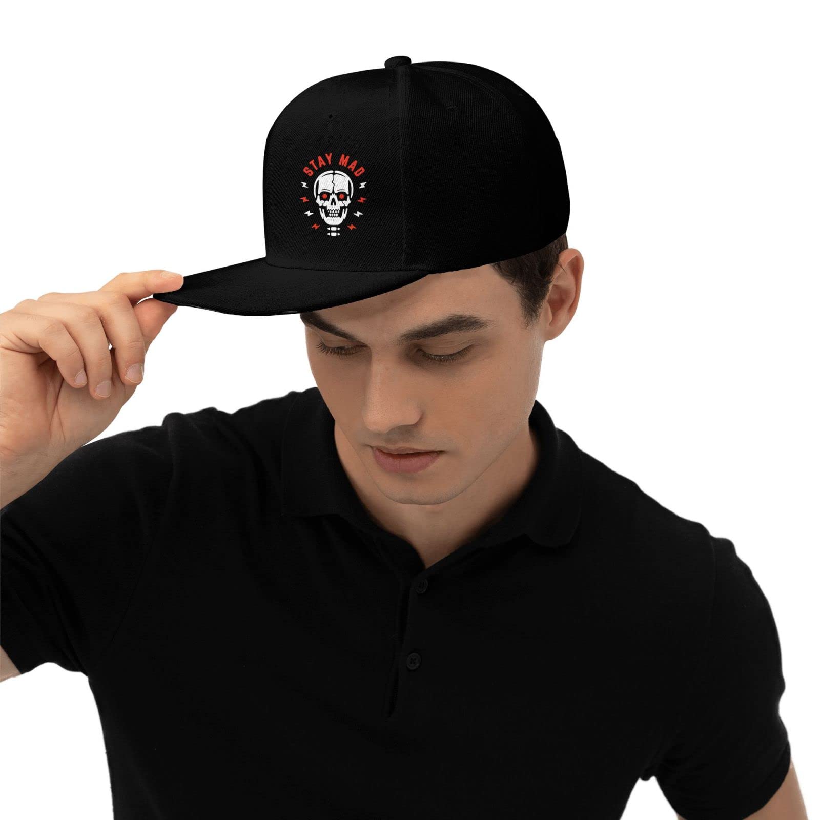 Flat Bill Hats for Men Snapback Hat Womens Skull Rock Baseball Cap Wide Brim Caps Adjustable Hip Hop Cool Trucker Dad Light Bulb Stay Mad
