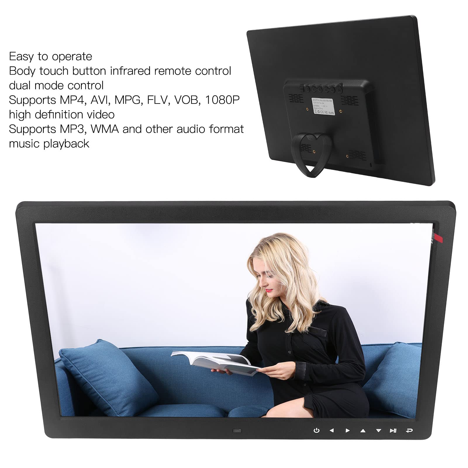 Digital Photo Frame, Touch Button 1080P Dual Mode Control 15.4 Inch Multifunction Electronic Album with Bracket for Living Room (US Plug)