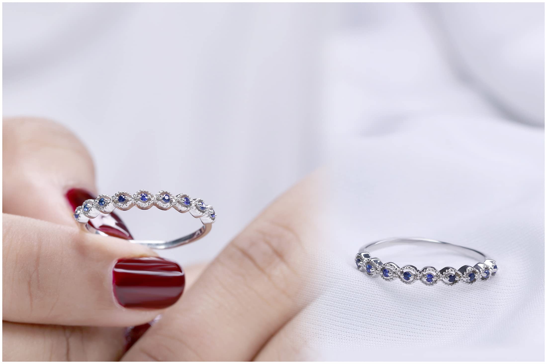 Dazzlingrock Collection Round Blue Sapphire 9 Stone Minimalist Stackable Wedding Ring for Women in 925 Sterling Silver, Size 8