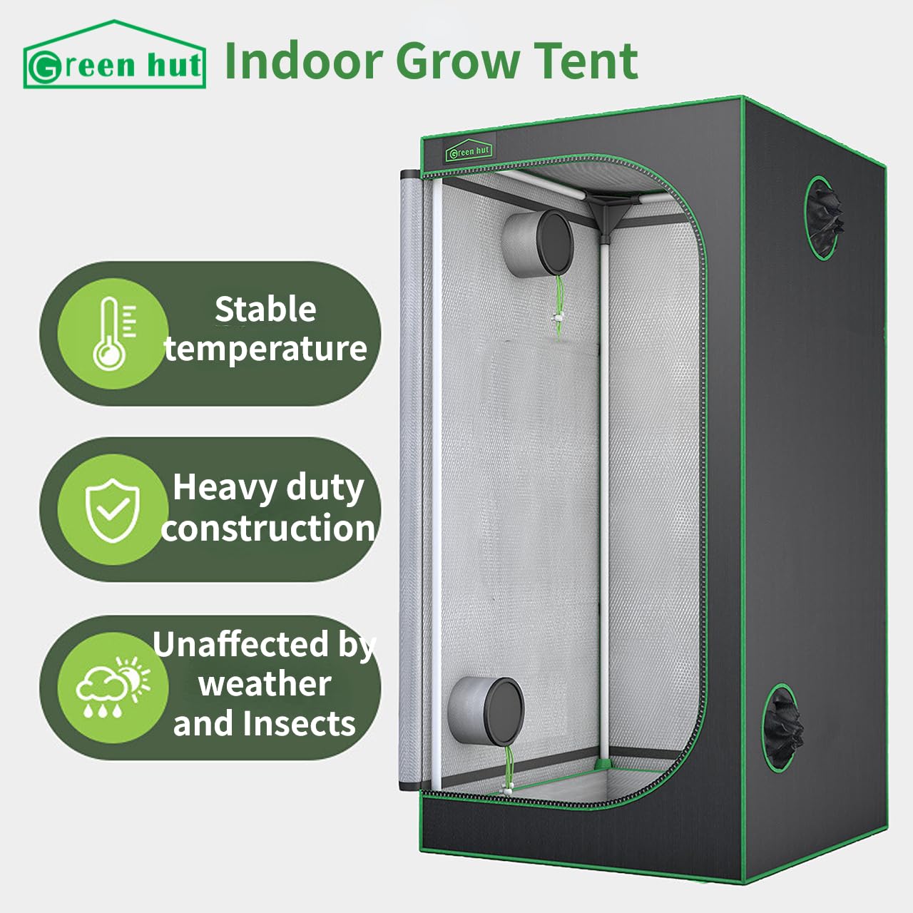 Green Hut Grow Tent 32"x32"x63", High Reflective Mylar Dark Room with Observation Window, Removable Floor Tray and Tool Bag for Indoor Plant Growing 3'X3'
