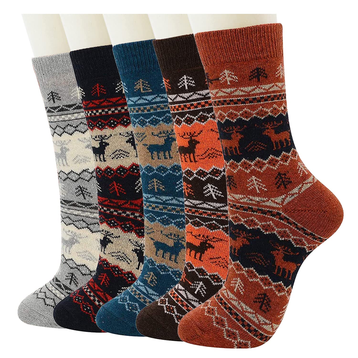 DOOVID Unisex Athletic Socks Women Men Knit Wool Socks Winter Socks Cotton Warm Socks Christmas Gift 5 Pairs Deer