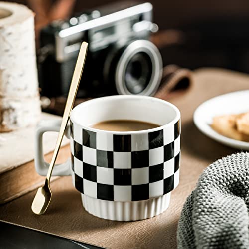 Miamolo Stackable Coffee Mug Set of 4 with Rack 11 oz Tea Cup Set with Tea Spoon Perfect for Coffee, Tea, Cocoa, Milk Chessboard Black and White Pattern Coffee Mug as Christmas Gifts