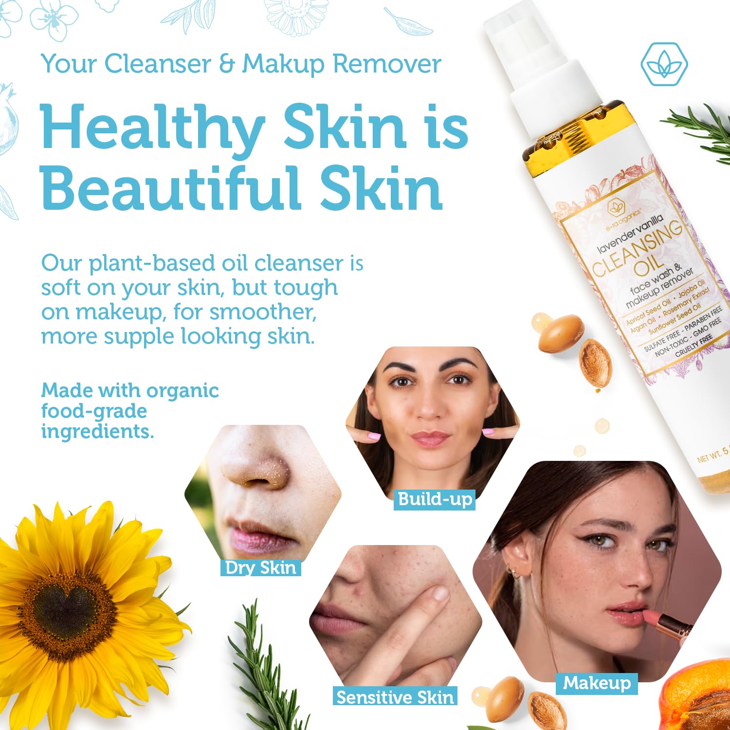 Era Organics Facial Cleansing Oil - Extra Moisturizing Anti-Aging Cleanser for Softer, Smoother, More Supple Looking Skin