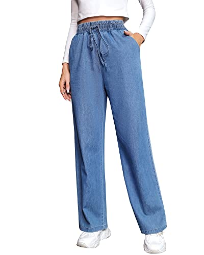 Women's Classic Denim Jeans Wide Leg Elastic High Waist Drawstring Pants with Pockets