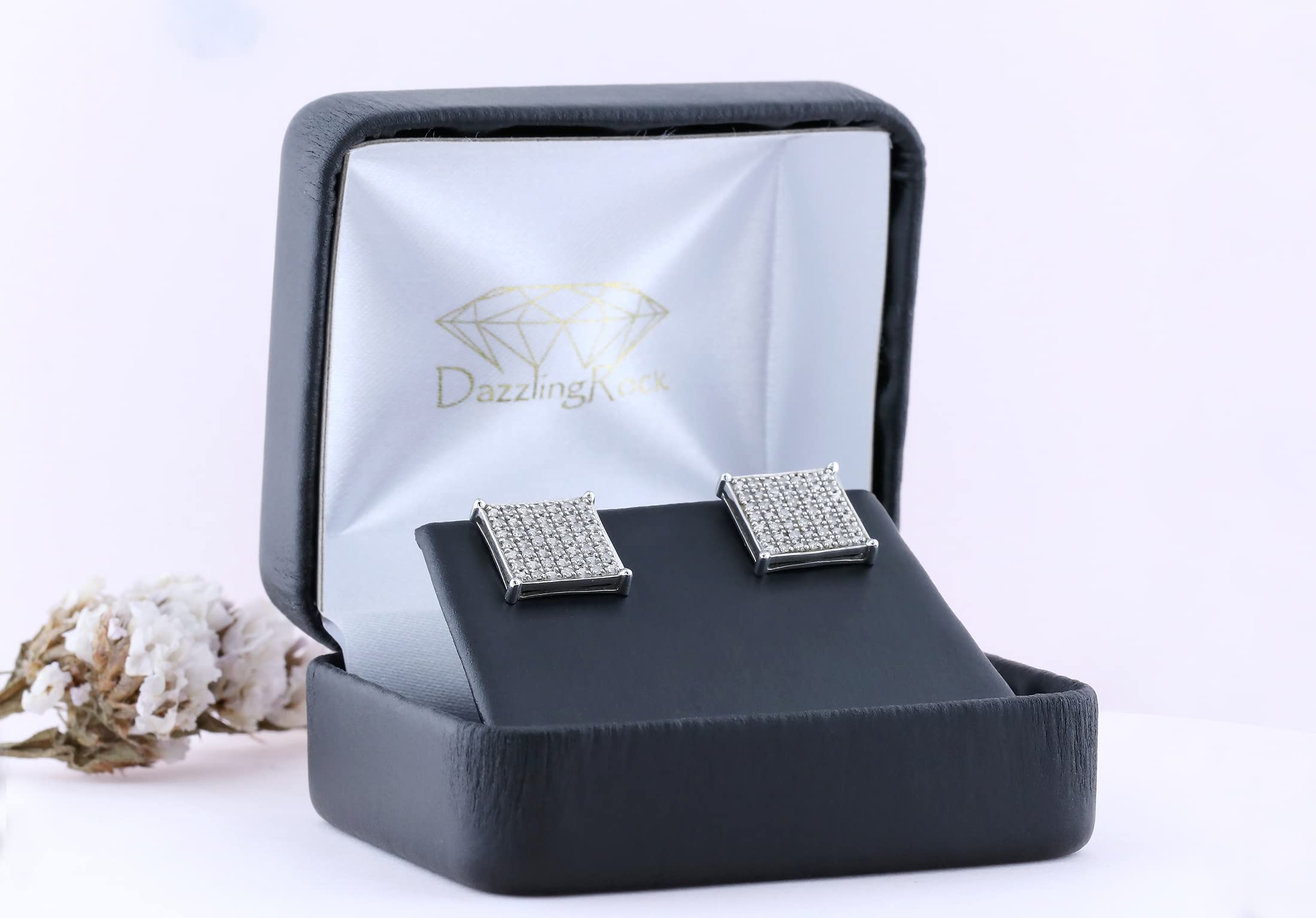 Dazzlingrock Collection 0.35 Carat (ctw) White Diamond Iced Hip Hop Square Shape Unisex Stud Earrings in 925 Sterling Silver in Push Back