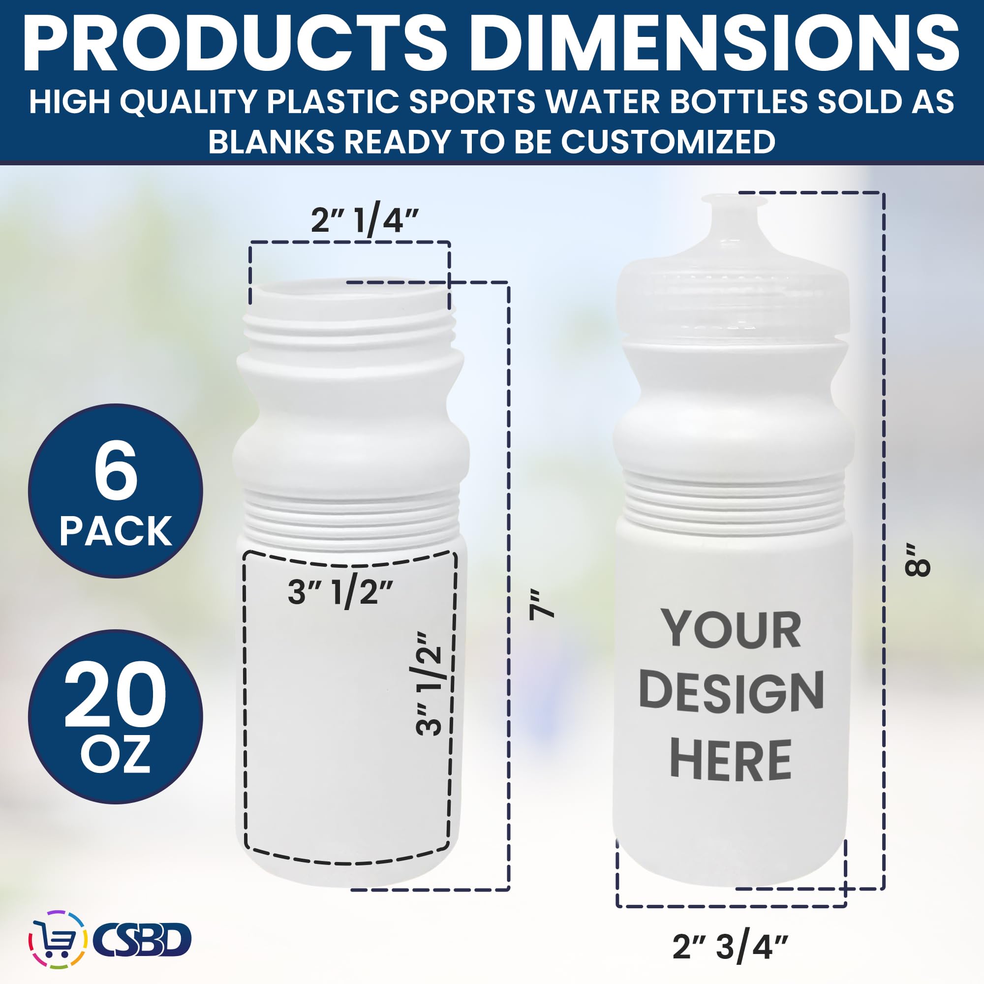 CSBD 20 oz Sports Water Bottles, 6 Pack, Reusable No BPA Plastic, Pull Top Leakproof Drink Spout, Blank DIY Customization for Business Branding, Fundraises, or Fitness White Bottle Clear Lids