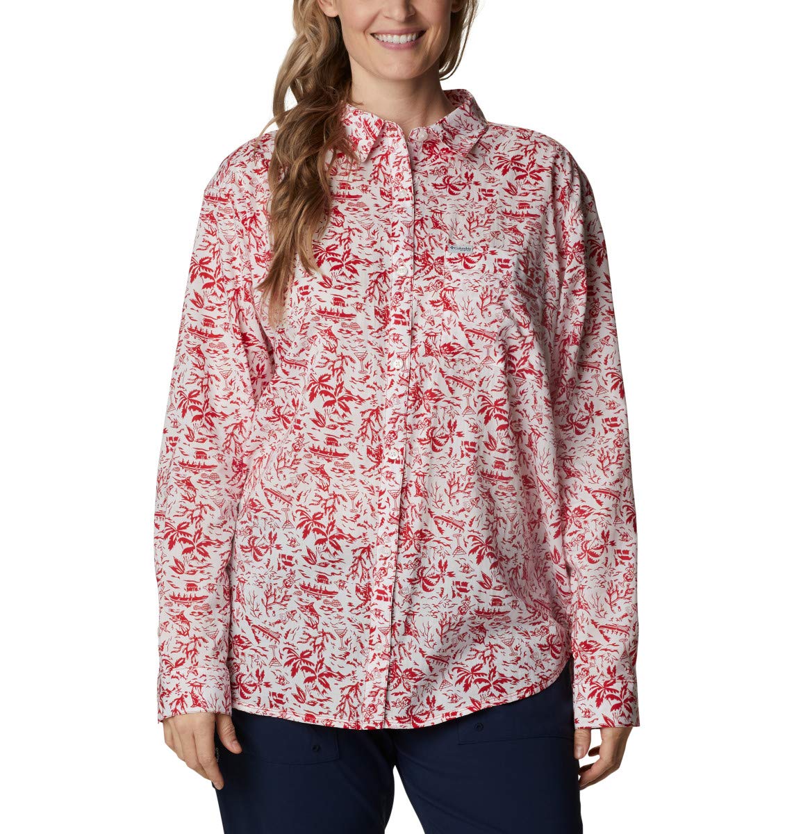Columbia Women's Slack Water Woven Long Sleeve Shirt, Harbor Blue Kona Print, X-Large