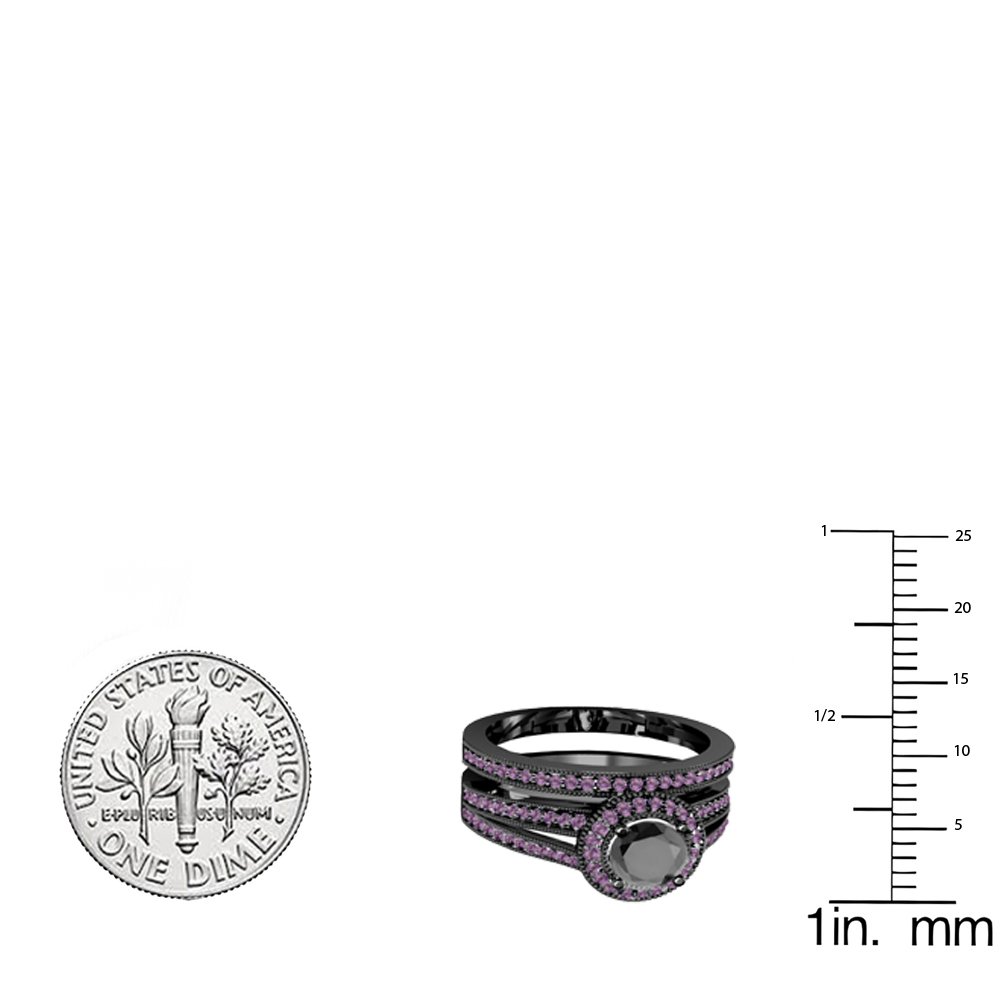 Dazzlingrock Collection Black Rhodium Plated 10K Round Amethyst & Black Diamond Halo Wedding Ring Set in 10K White Gold, Size 7
