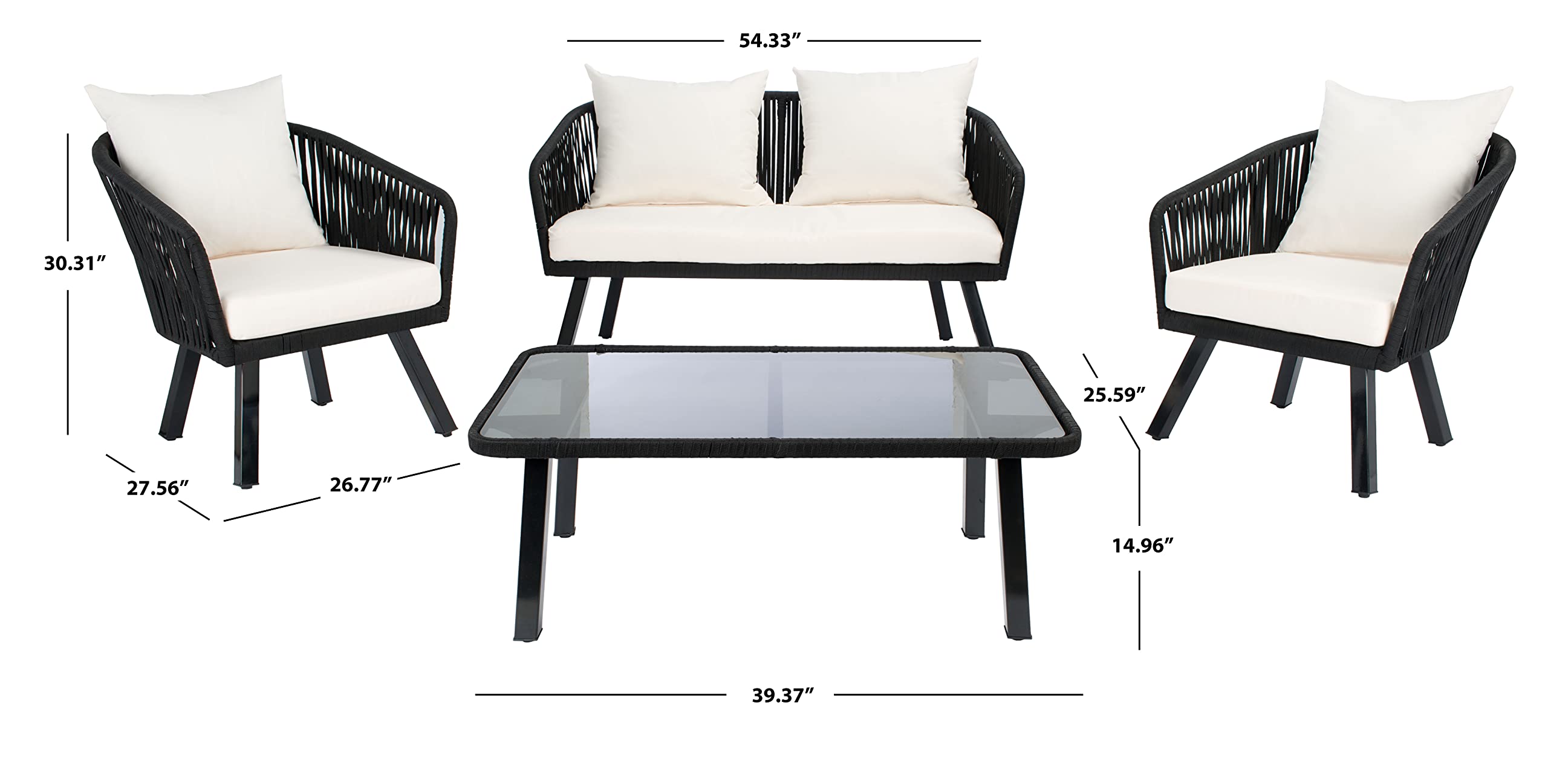 Safavieh Outdoor Collection Jorda Wicker Cushion 4-Piece Rope Patio Backyard Living Set PAT7518B, Black/Beige