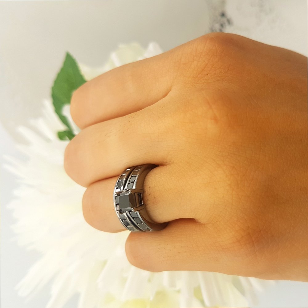 Dazzlingrock Collection 2.35 Carat (ctw) Black Rhodium Plated Sterling Silver Black Diamond Engagement Ring Set, Size 6