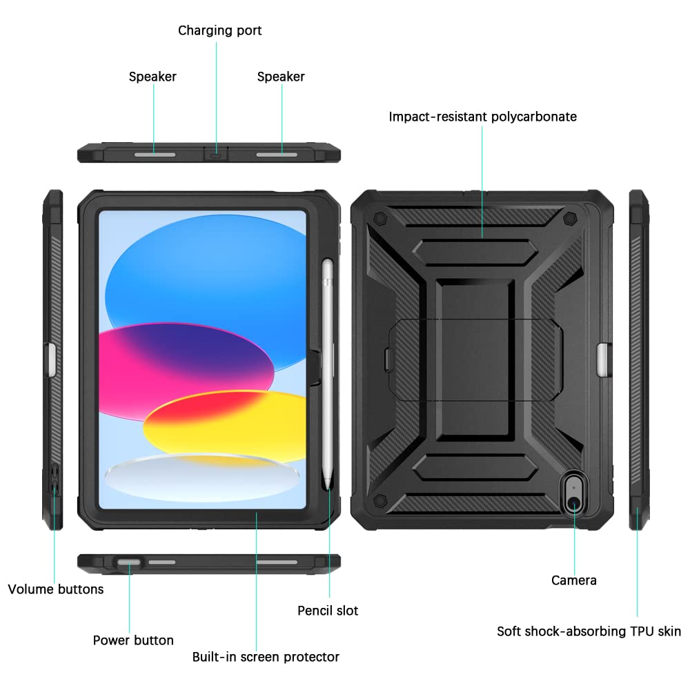 iPad 10th Generation Case 2022, DJ&RPPQ iPad 10.9 inch Case Shockproof Armor Protective Case with Built-in Screen Protector Pencil Holder Kickstand for 2022 iPad 10th Gen - Black