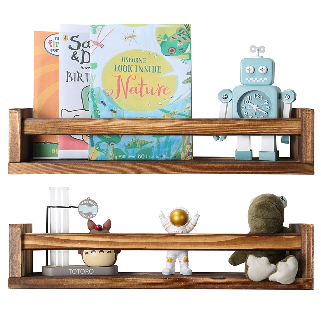 DUICIRX Nursery Room Shelves Set of 2, Wood Floating Book Shelves for Kids Room, Baby Book Shelf for Nursery, Kitchen Spice Rack (Dark brown- 2 Pack)