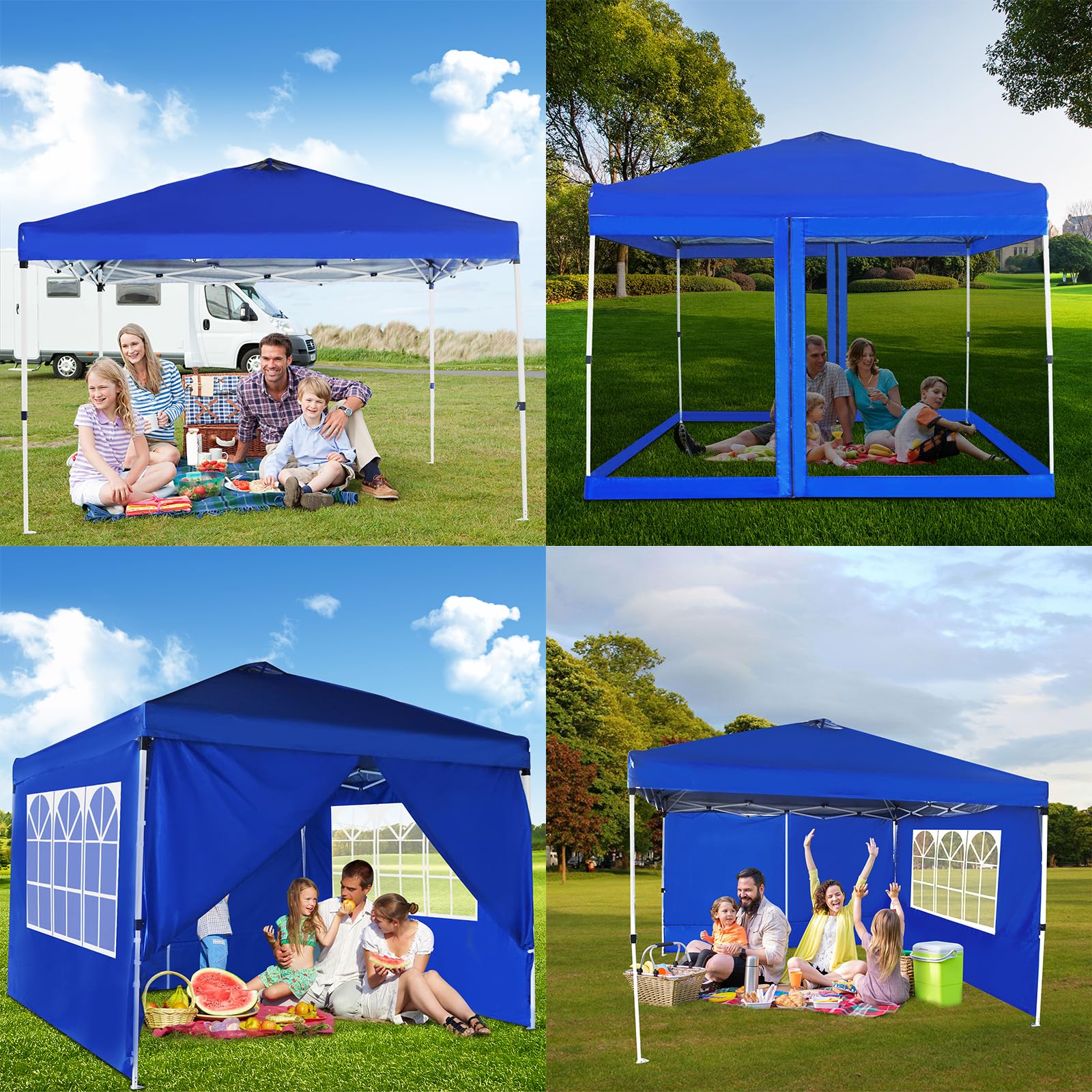 Cszemasey Pop Up Canopy 10x10 Canopy Tent with Netting for Outdoor, Pop Up Canopy with Sidewalls for Camping, Party, Height Adjustable Pop Up Tent with 4 Sandbags, Roller Bag, Blue