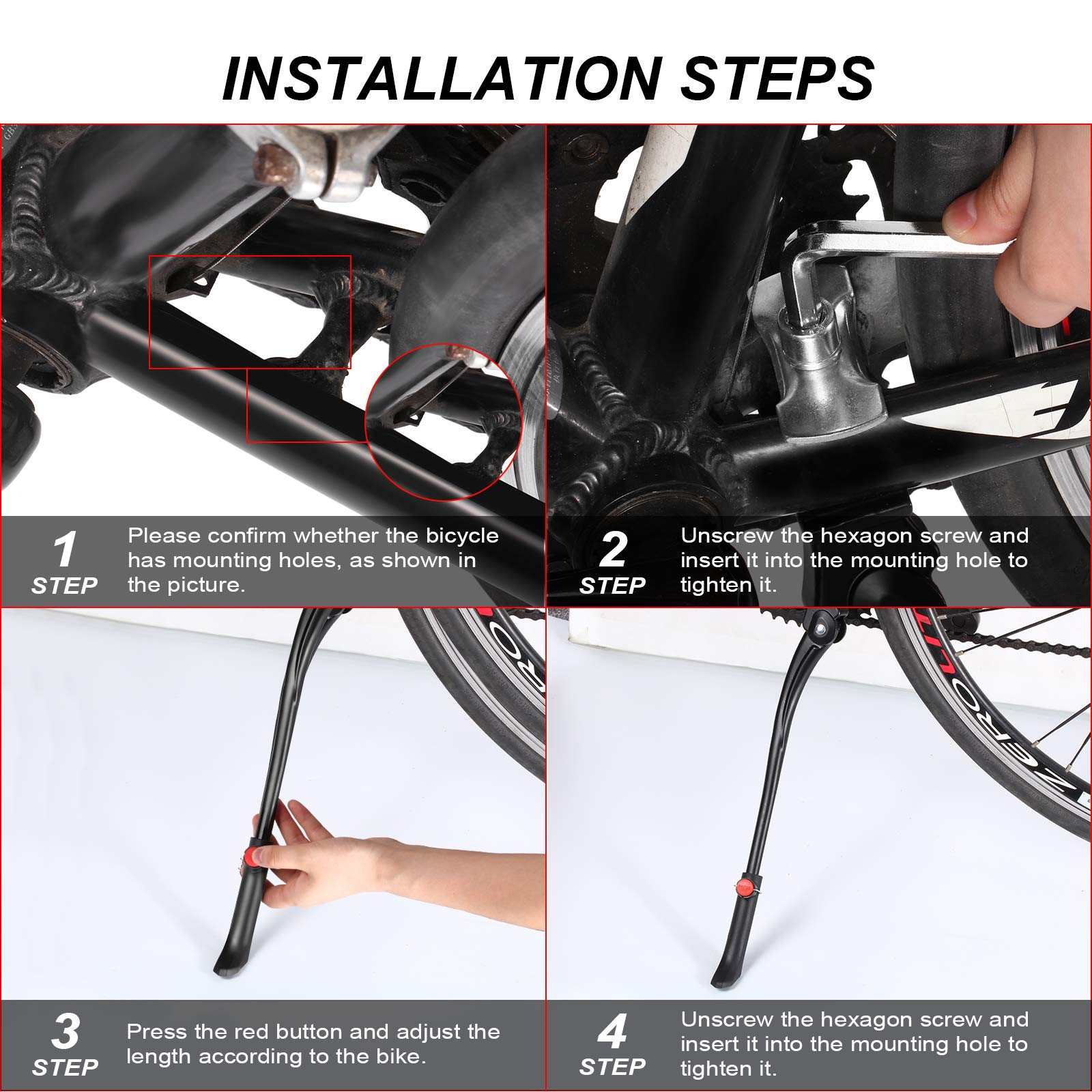Cycling Side Kickstand Adjustable Bicycle Support Stand Aluminum Alloy Bike Support Stand with 8 mm Hexagon Wrench for 24, 26, 27.5 Inch Bike (Black)