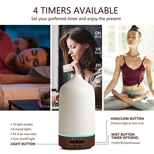 Essential Oil Diffuser Aromatherapy Humidifier - 300ML Ceramic Ultrasonic Defuser Quiet Aroma Infuser Air Vaporizer with 7 Lights & 2 Mist for Home Large Room White