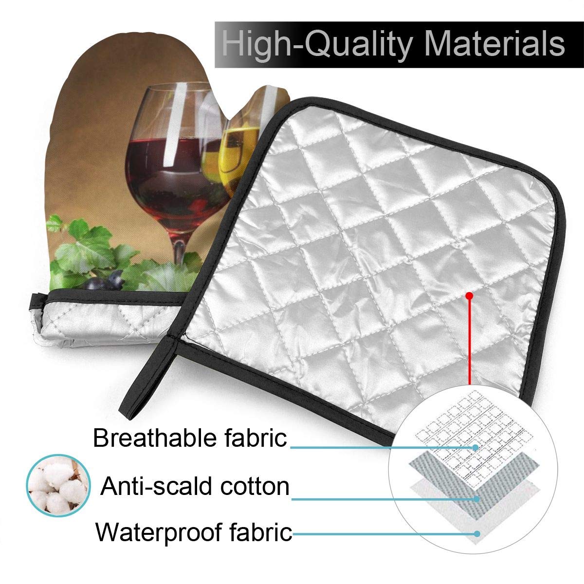Grape Wine Red and White Oven Mitts and Pot Holders Sets,Heat Resistant Non-Slip Cooking Gloves with Cotton Lining for Kitchen Baking Grilling BBQ