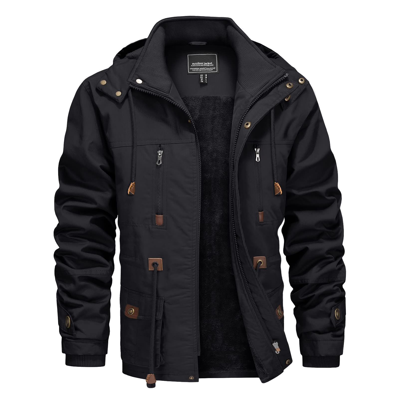 CRYSULLY Men's Winter Fleece Warm Stylish Classic Cotton Windbreaker Cargo Jacket Black