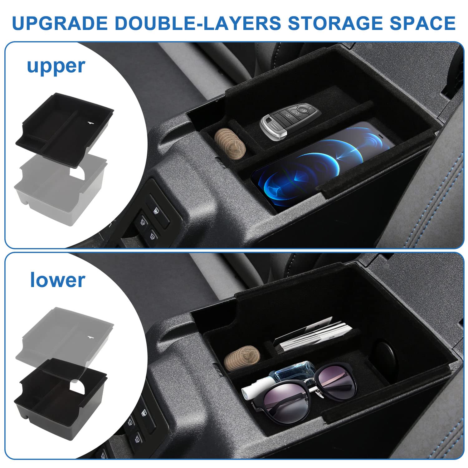 Erivis 2 PCS Fits for Ford Bronco Accessories 2021 2022 Center Console Organizer Tray Armrest Storage Box for 2/4-Door Ford Bronco