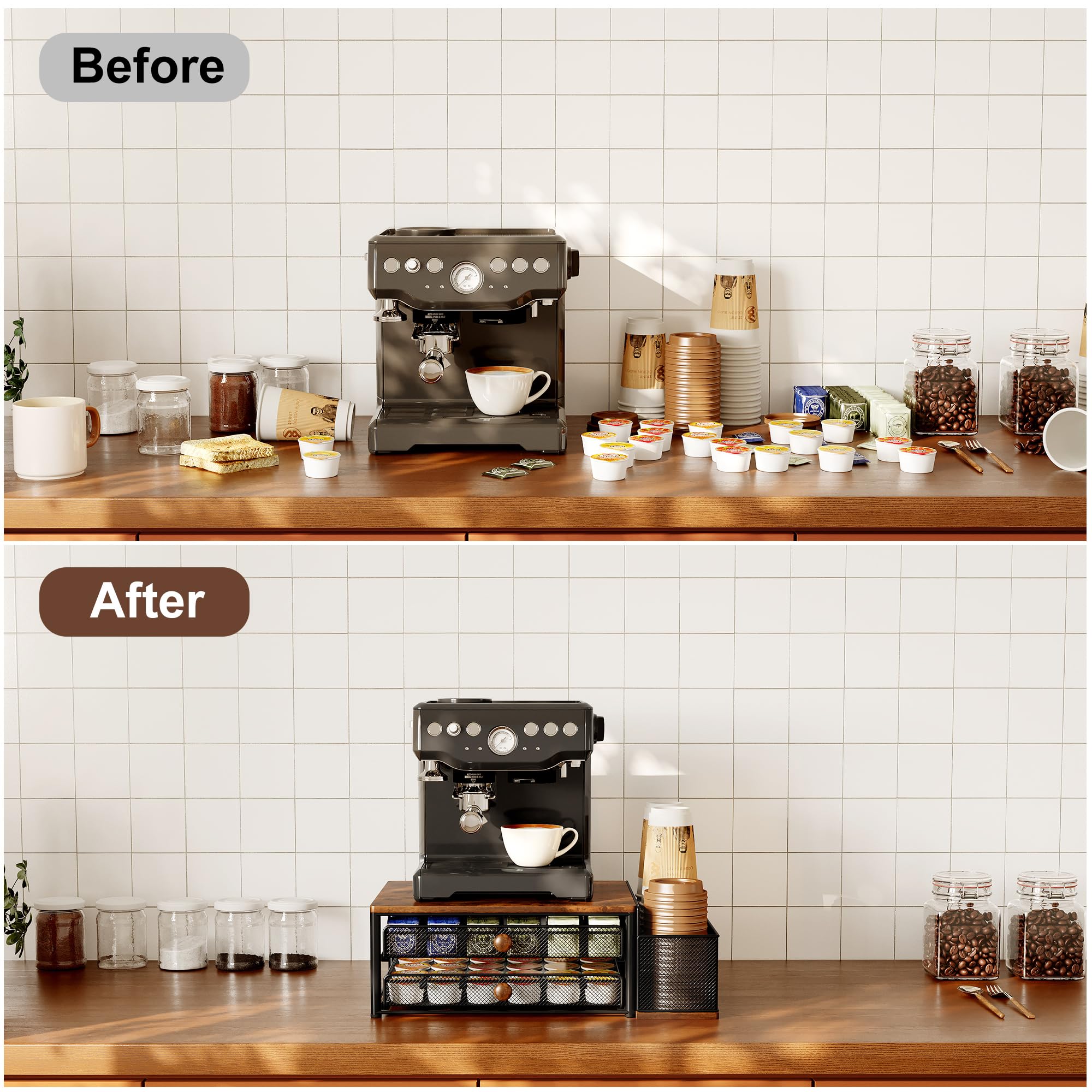 IZLIF Coffee Pod Stand 60 Capacity Coffee Cup Holder 2 Tier Coffee Pods Drawer Organizer for Countertop Coffee Bar Station Organizer with Disposable Cups Lids Holder, Black