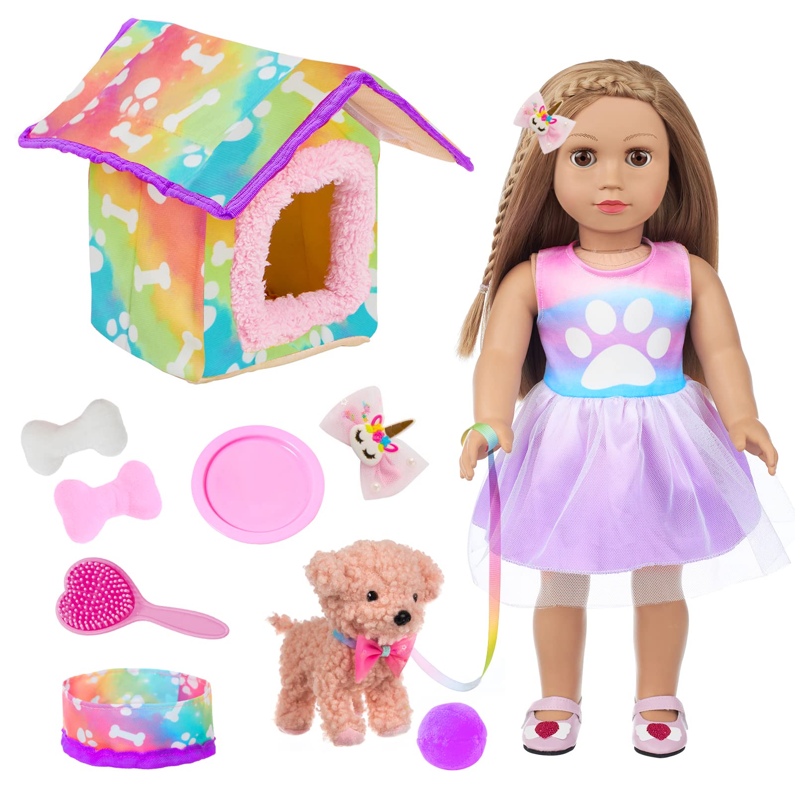 DOTVOSY American 18 Inch Doll's Clothes and Accessories Pets Dog Play Sets for 18" Doll Included Dress,Pets Dog,pet Nest, Toy Ball, Hair Comb
